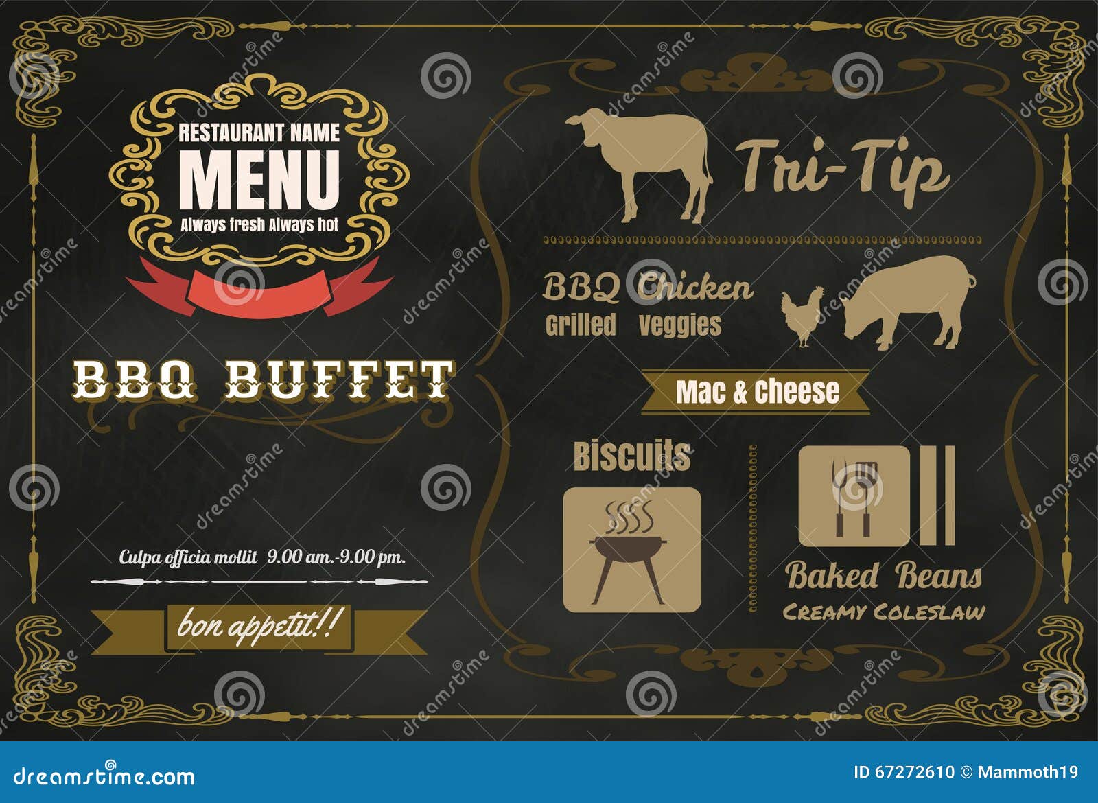 Vintage BBQ Party Menu Poster Design with Meat, Beef. Chicken , Stock ...