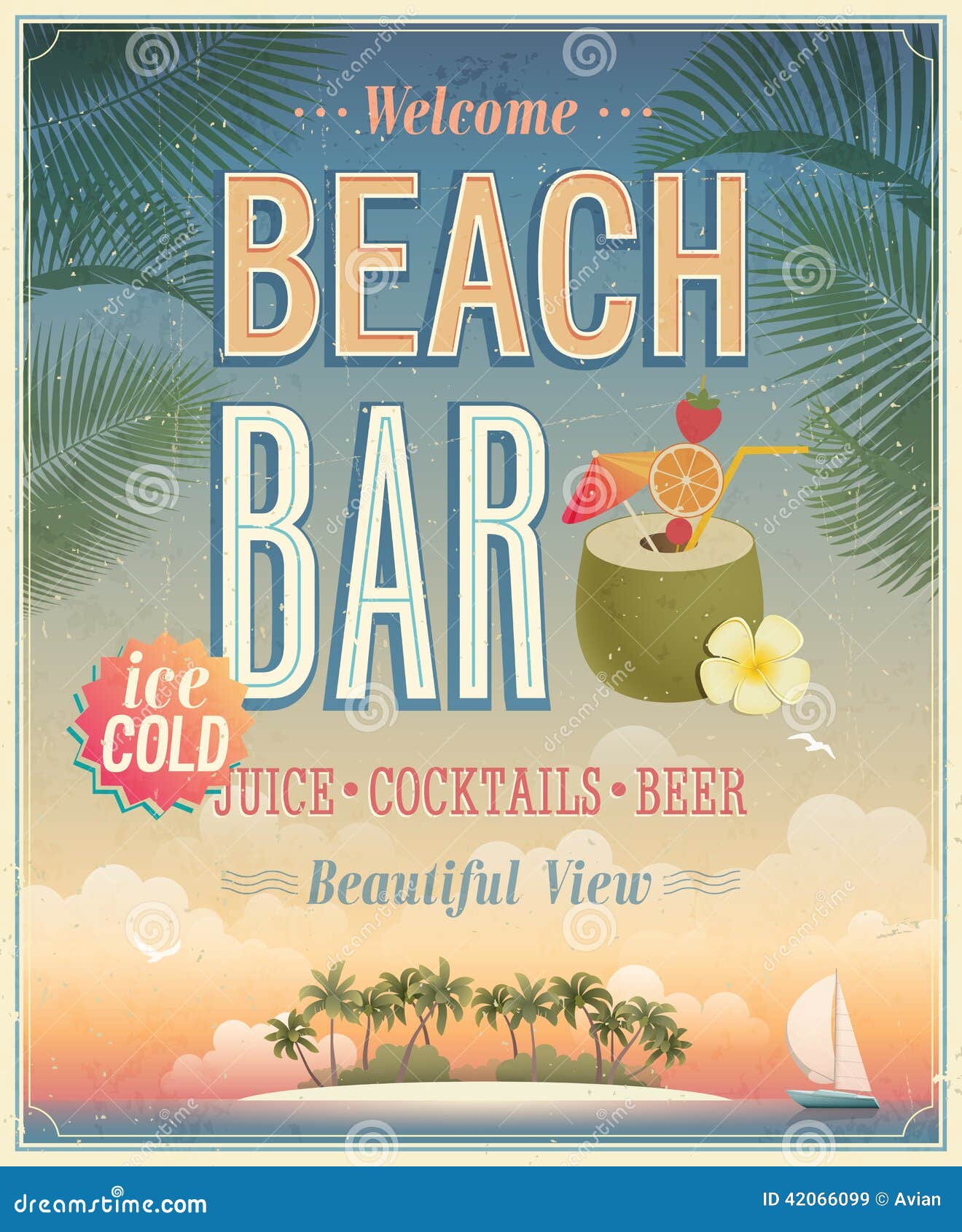 Vintage Beach Bar Poster. Cartoon Vector | CartoonDealer.com #42066099
