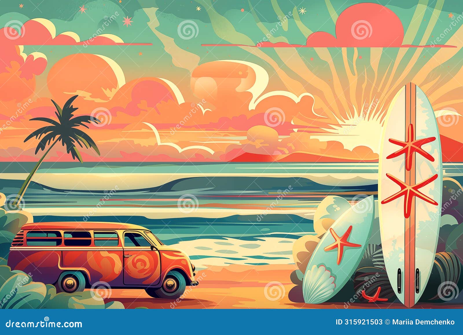 Vintage Beach Scene with Surfboard, Van and Palm Tree at Sunset Stock ...