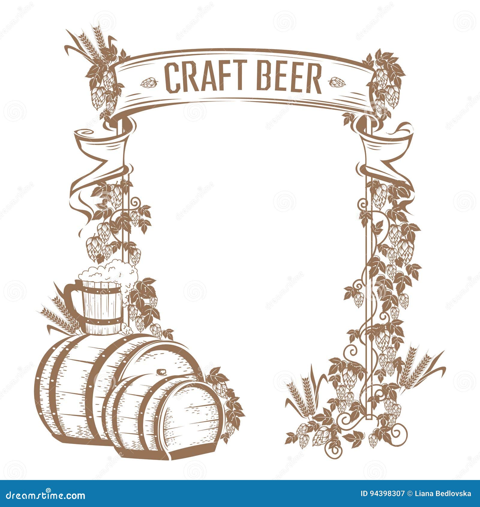 Beer Frame Or Poster With Mug, Hop And Barley Cartoon Vector ...