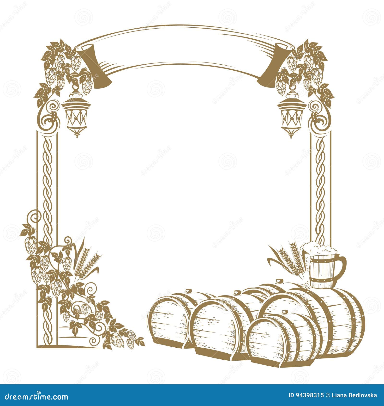 Beer Frame Or Poster With Mug, Hop And Barley Cartoon Vector ...