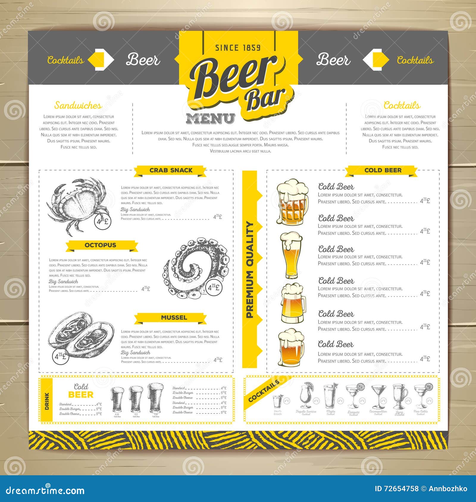 Vintage beer menu design. stock vector. Illustration of mussels - 72654758