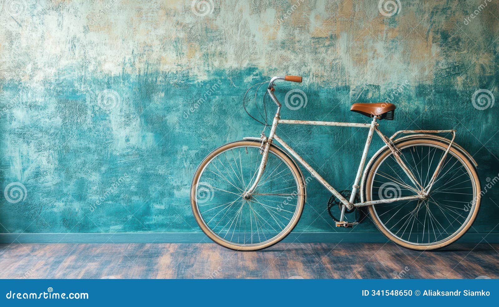 A Bicycle Leaning Against A Wall. Sky Blue Bicycle Under The Window ...
