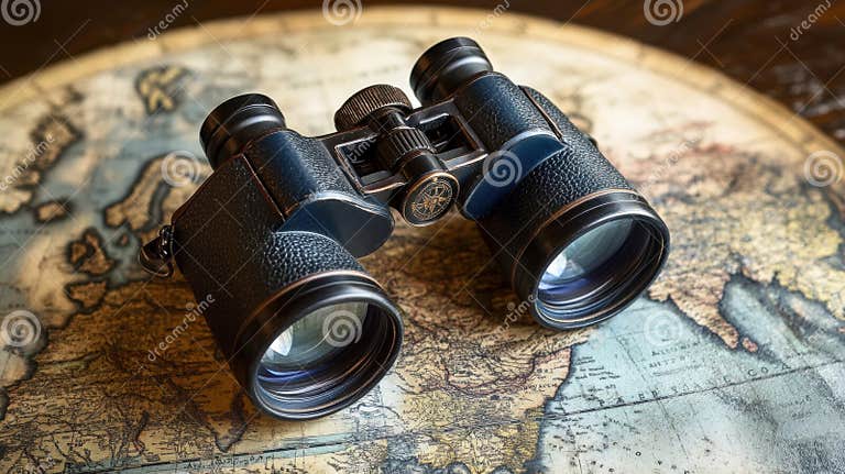 Vintage Binoculars and a Compass on an Old World Map Stock Illustration ...