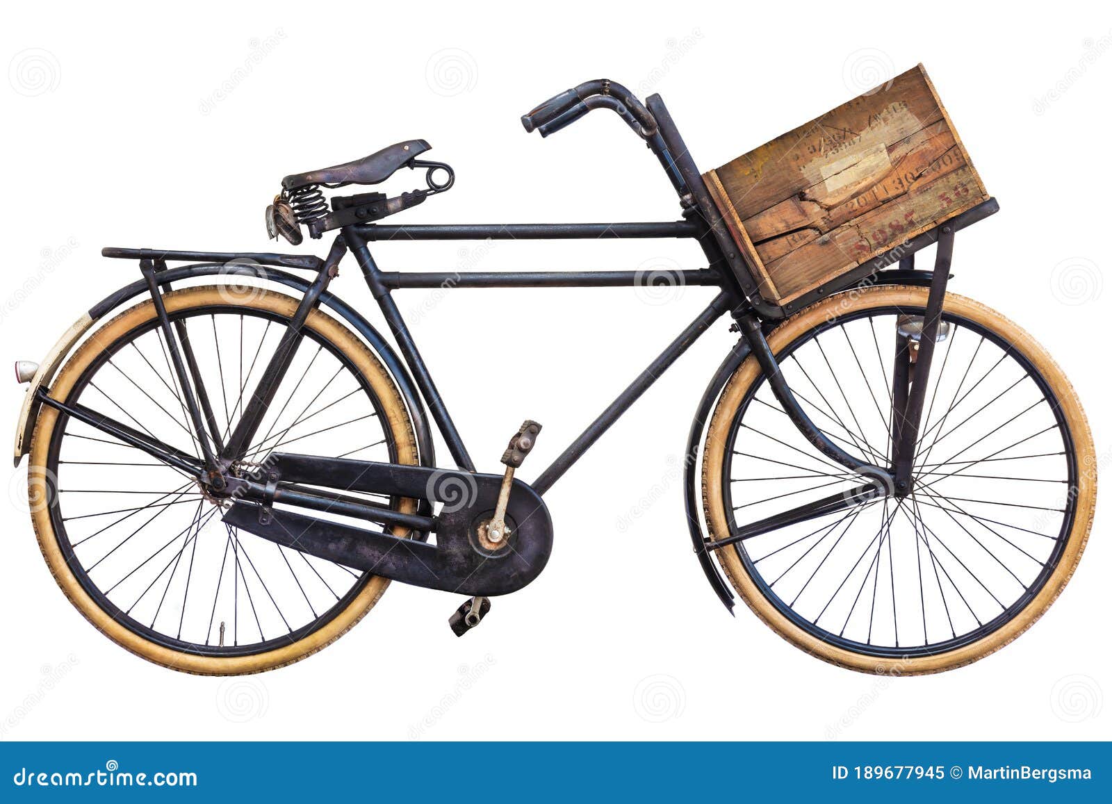 Vintage Black Cargo Bicycle With Old Wooden Transport Crate Stock Image
