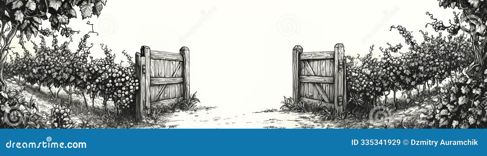 In Vintage Black and White, a Vineyard Gate is Drawn by Hand Stock ...