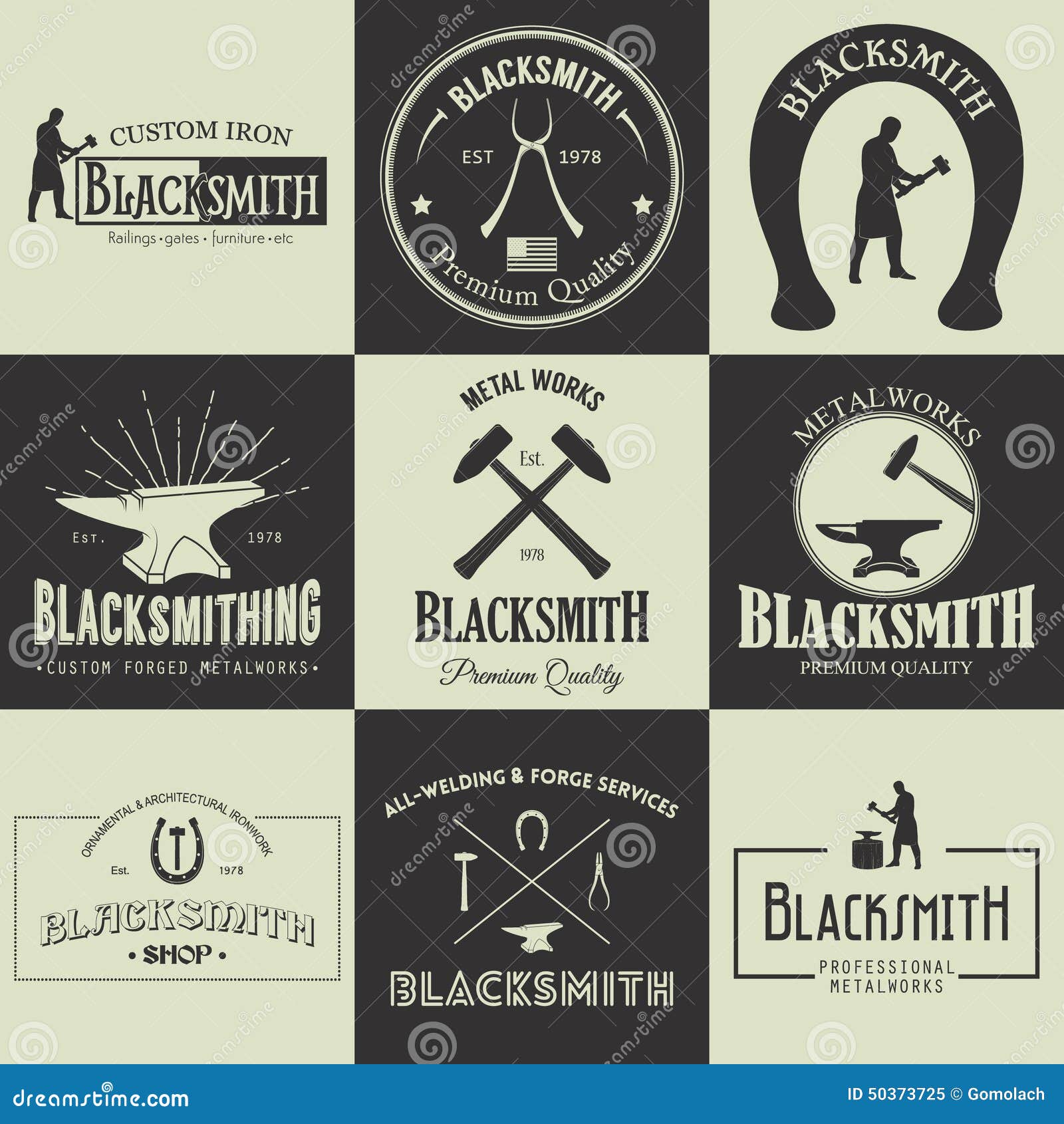 Set Of Vintage Blacksmith Labels And Design Elements Cartoon Vector ...