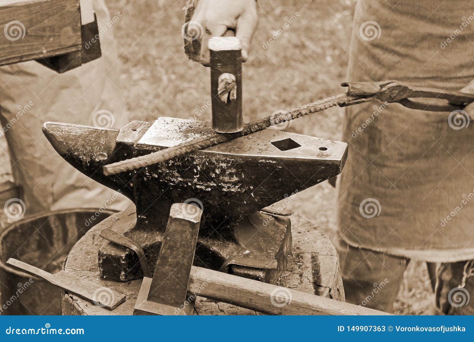 Vintage Blacksmith Tools on Wooden Table Stock Image - Image of hammer ...
