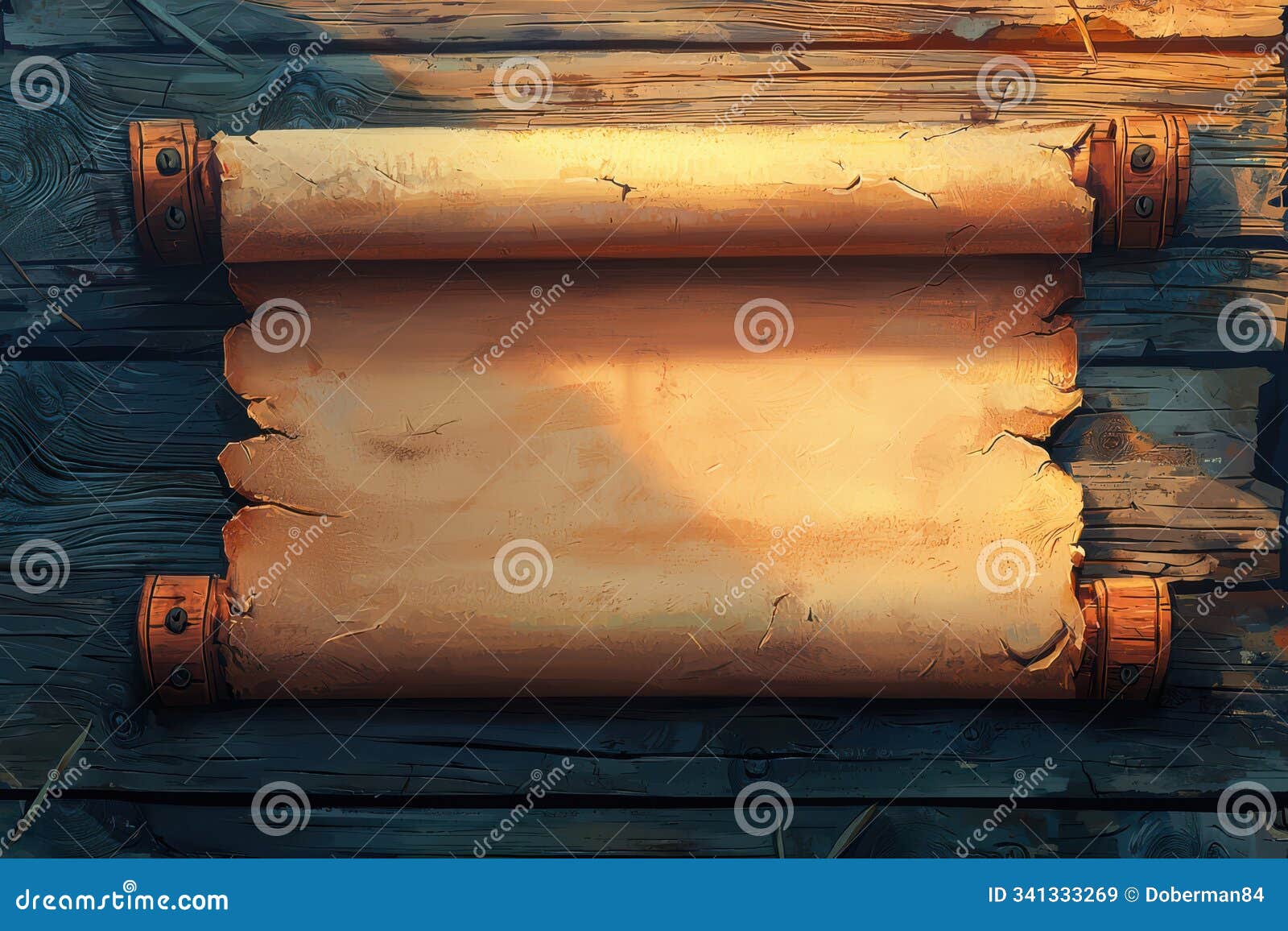 Vintage Blank Paper Scroll on a Rustic Wooden Background with Warm ...