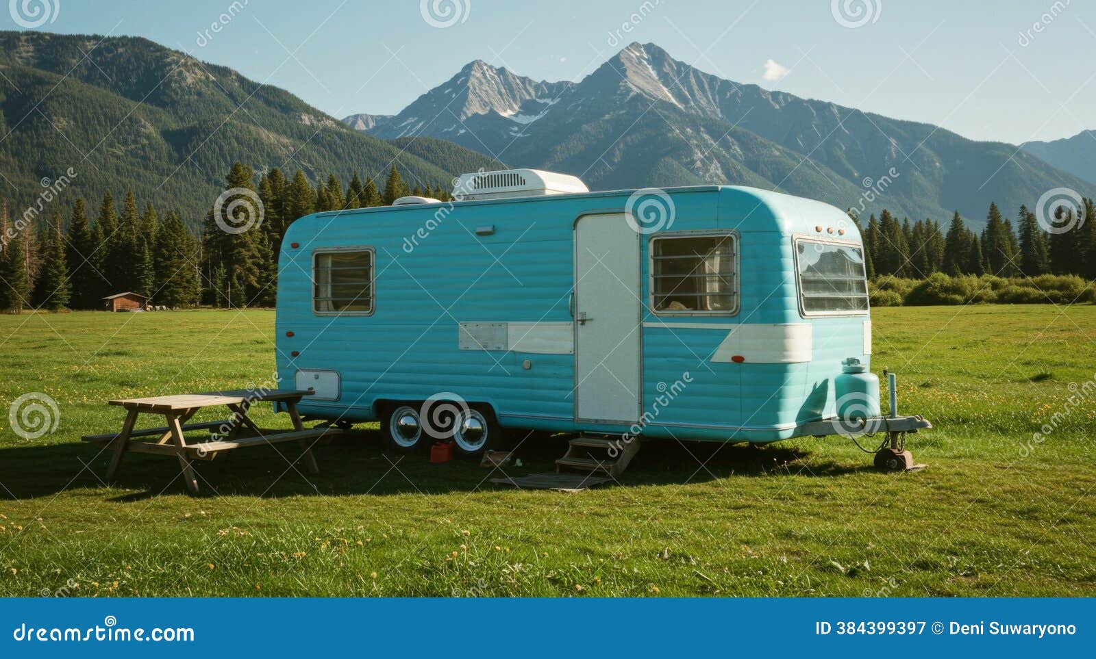 New Blue Camper Van With A Rooftop Tent In Front Of A Beautiful ...