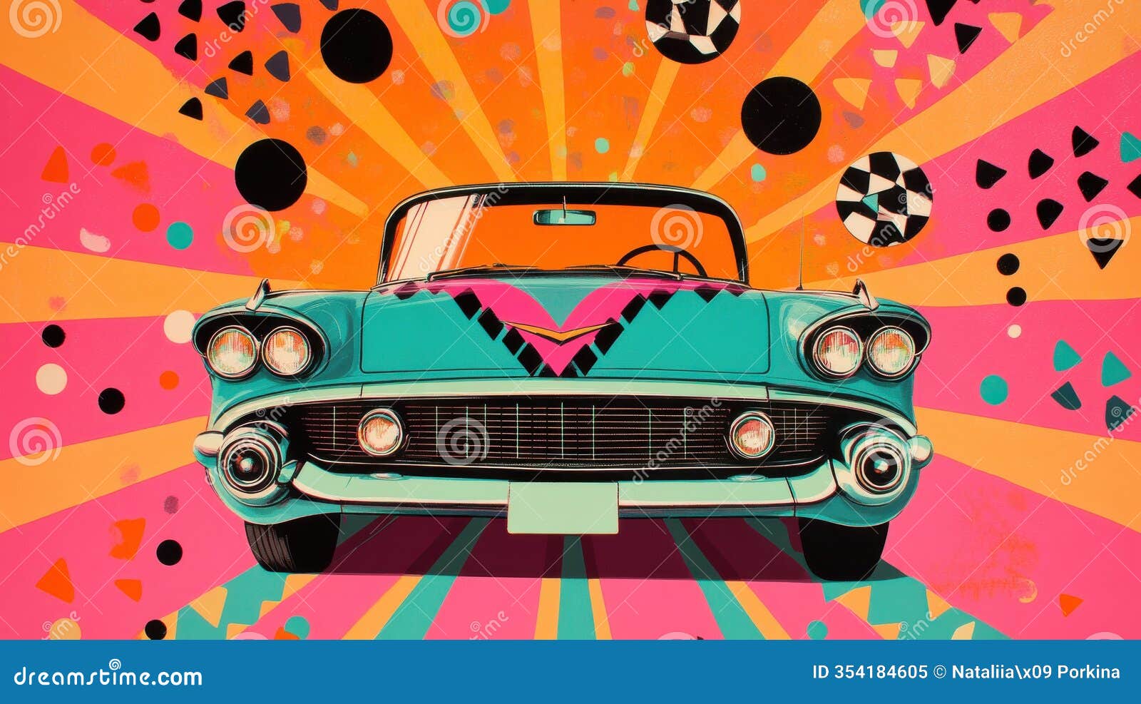 Vintage Blue Car Surrounded by Geometric Patterns and Vibrant Colors ...
