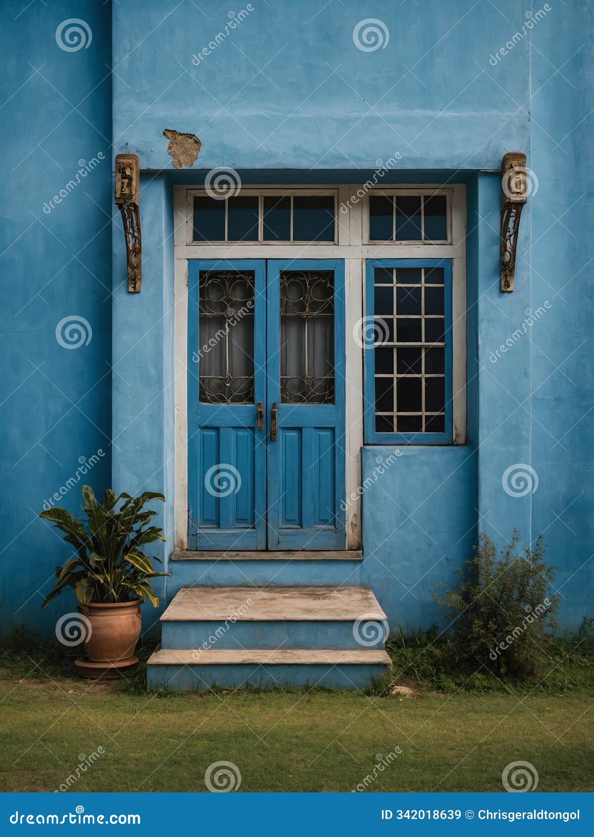 Vintage Blue Theme House with Square Windows Portrait Ai Generated ...