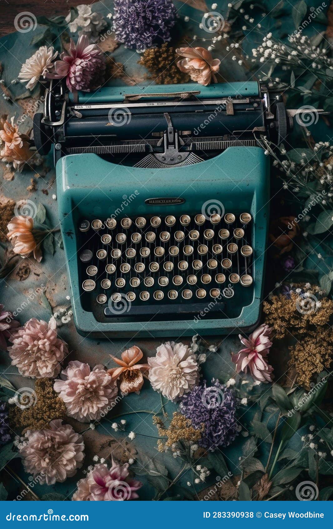 Vintage Blue Typewriter from Above Surrounded by Fresh Flowers Stock ...