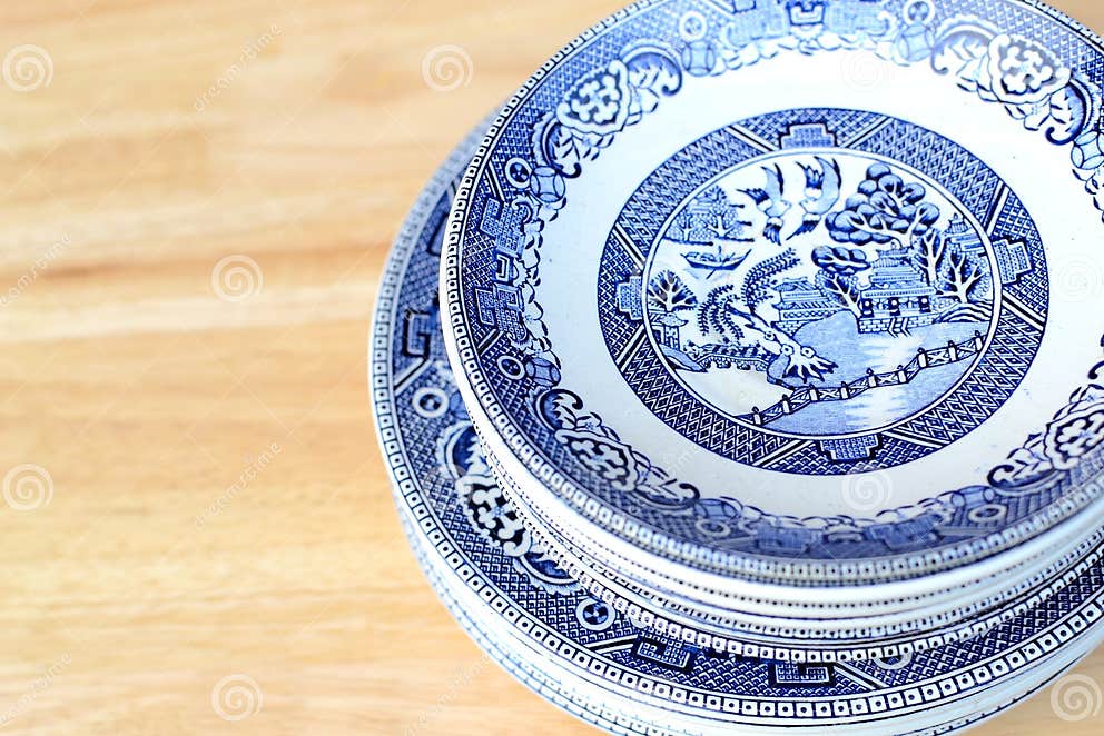 Vintage Blue Willow Pattern China Plates Stock Image - Image of china ...