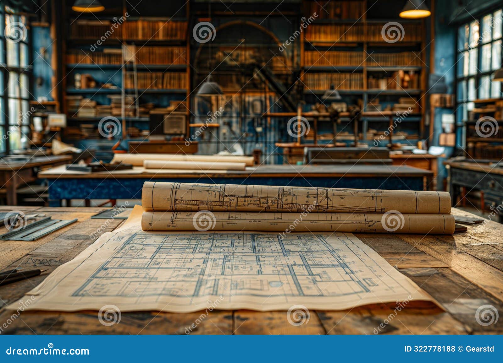 Vintage Blueprint in an Architect S Room Stock Photo - Image of ...