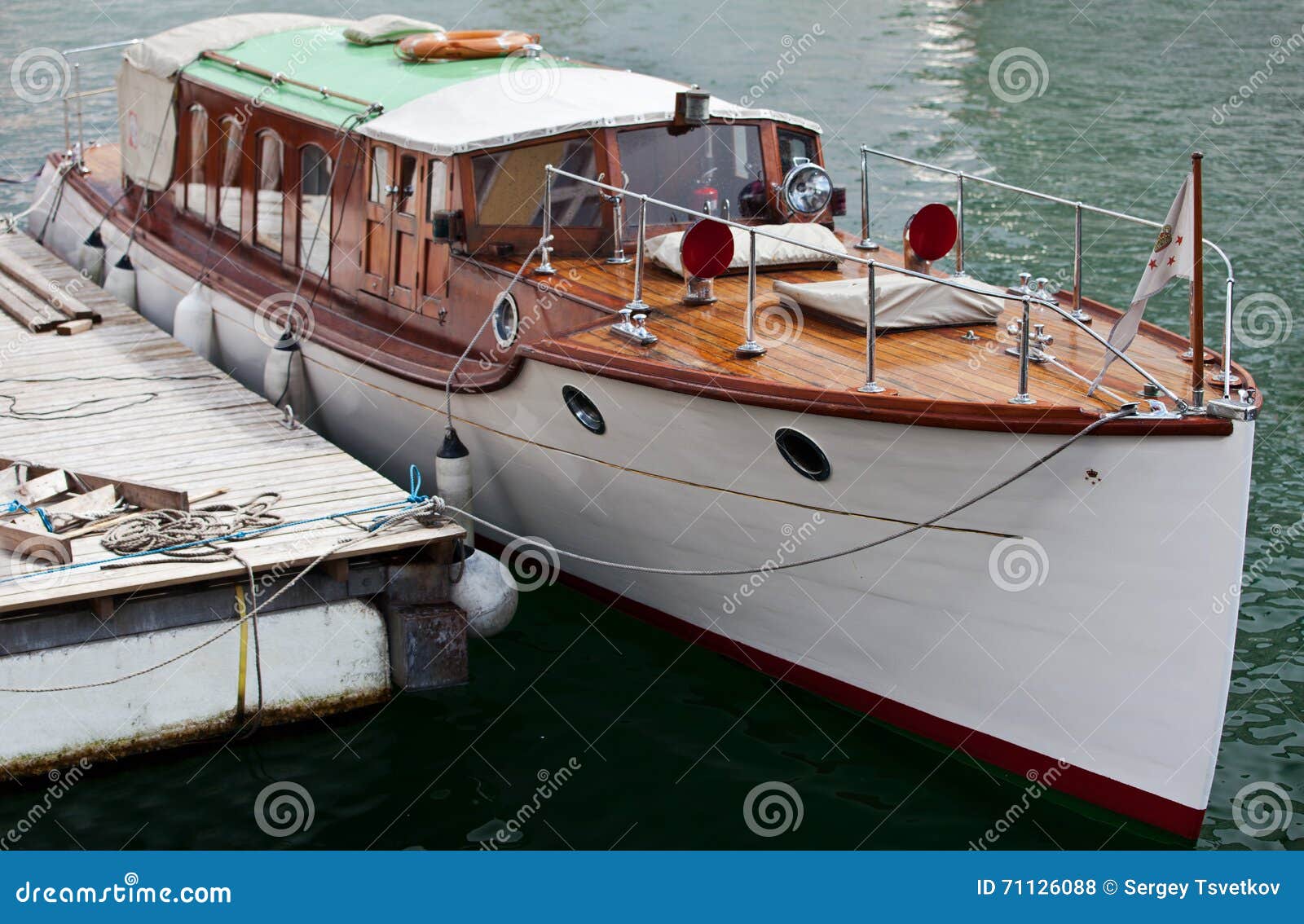 Vintage Boat with Wooden Deck at Pier Stock Photo - Image of white ...
