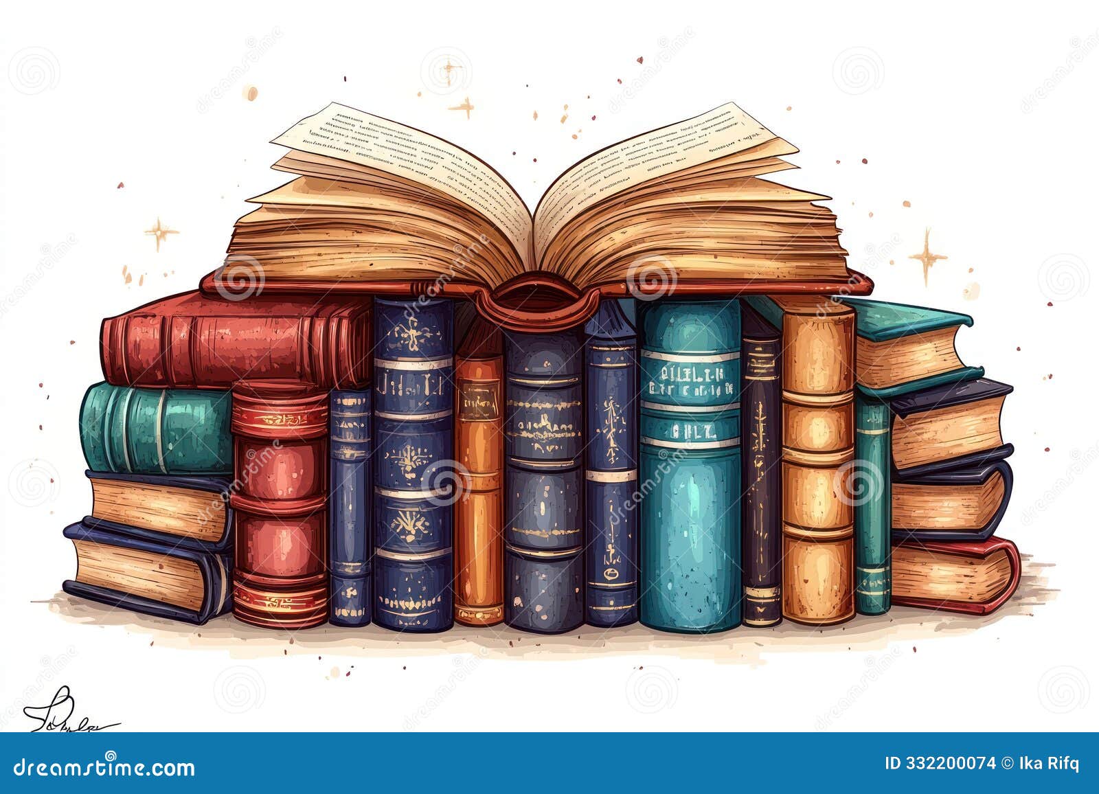 Vintage Book Illustration - Stack of Old Books with Open Book on Top ...