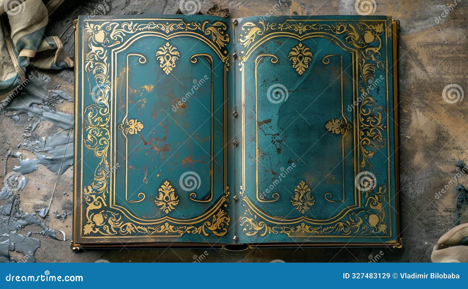 Open Teal Book with Gold Accents on Rough Surface Stock Illustration ...