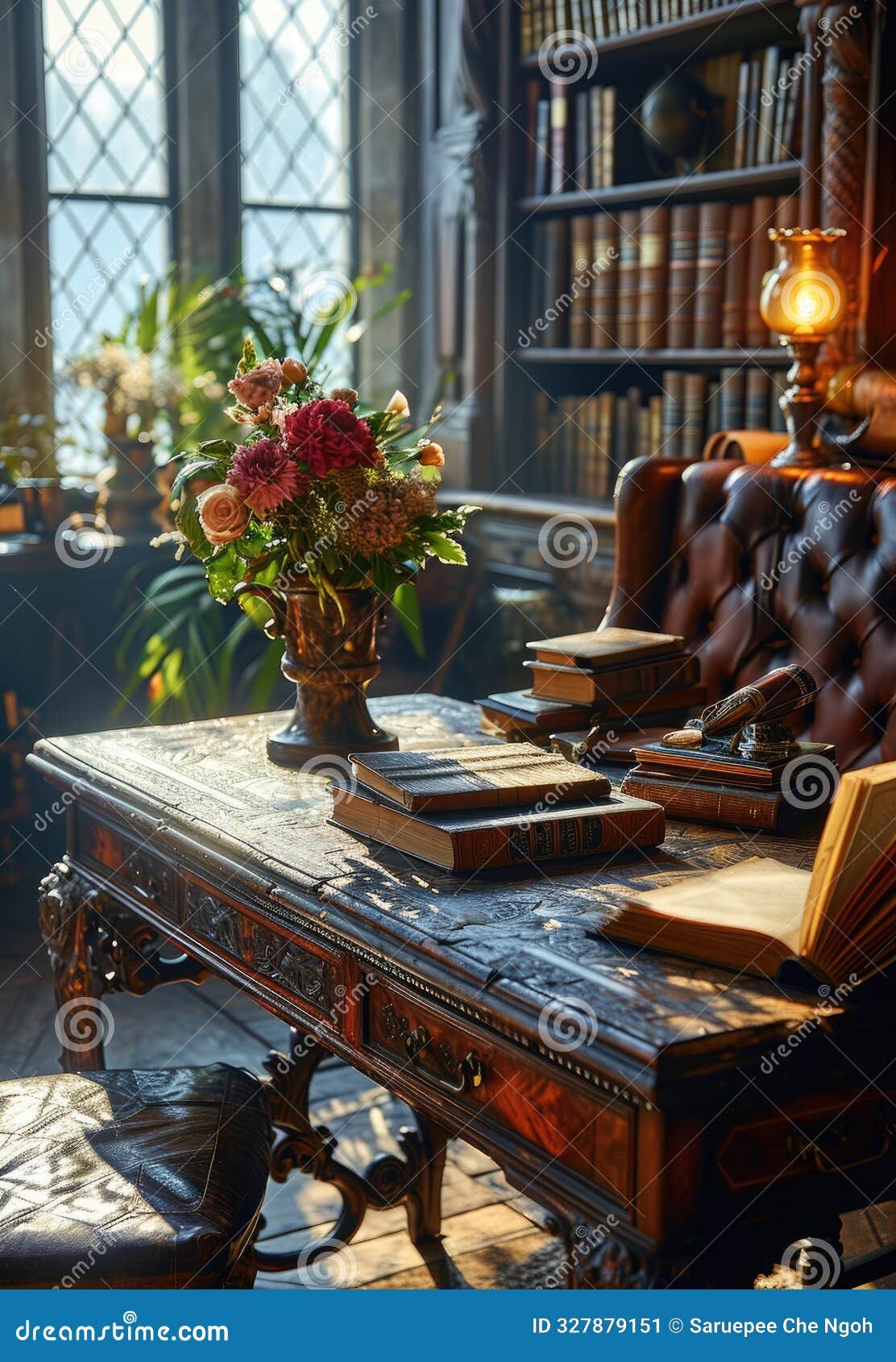 Vintage Books on Table in Library Stock Illustration - Illustration of ...
