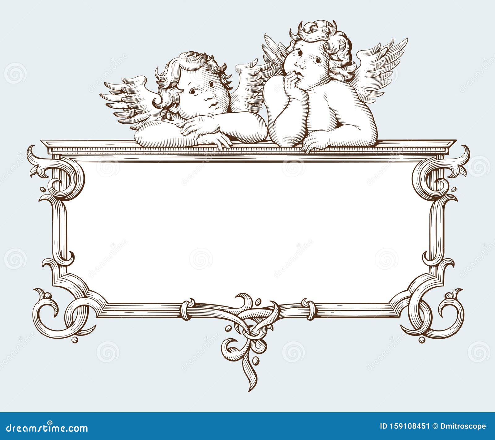 Vintage Border Frame Engraving with Baroque Ornament and Cupid Stock ...