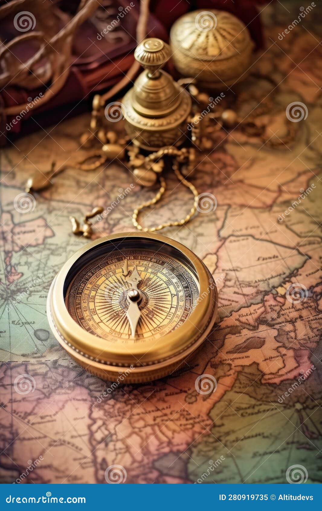 Vintage Brass Compass on Antique World Map Stock Illustration ...
