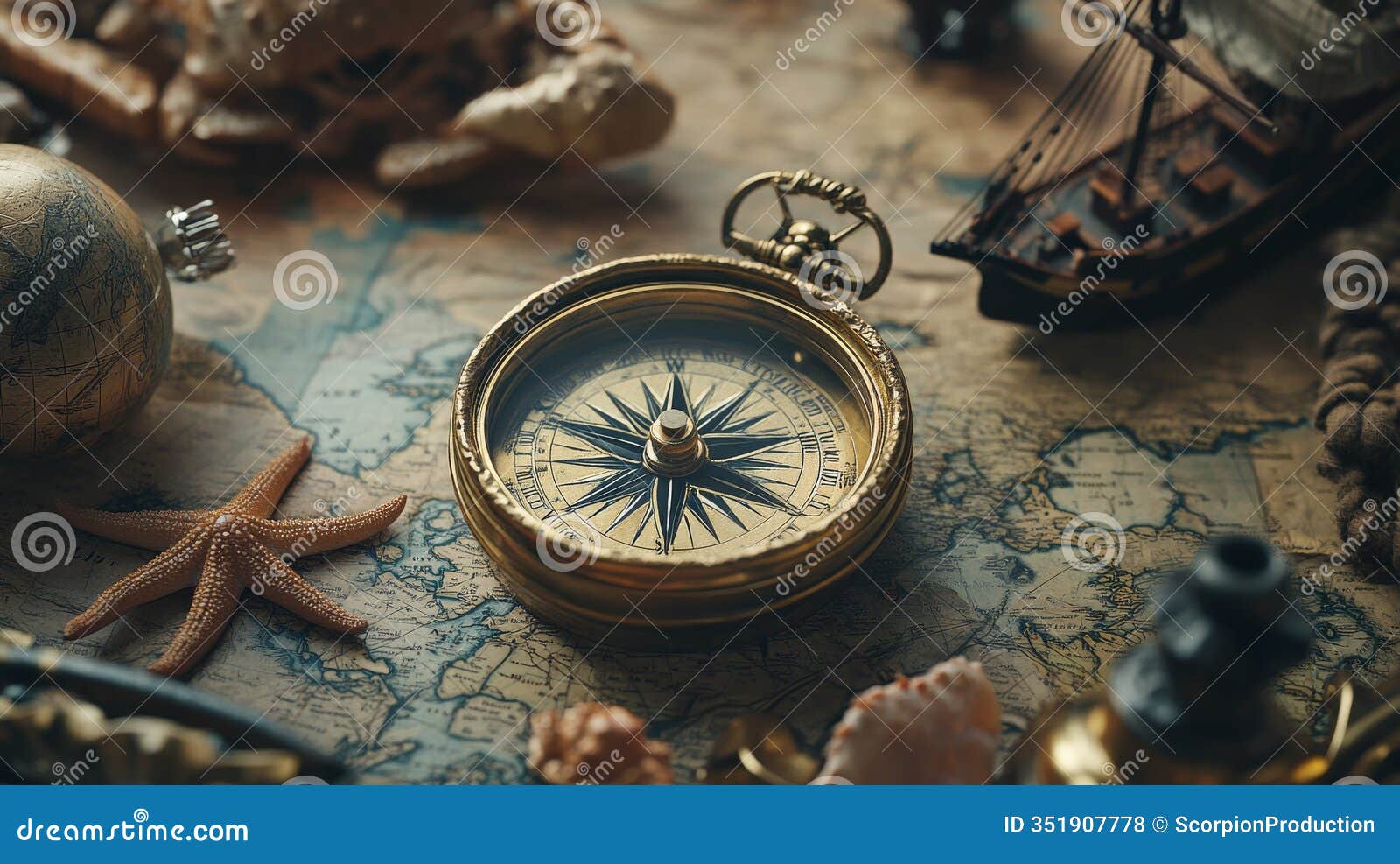 Vintage Brass Compass on an Antique World Map with Nautical Items Stock ...