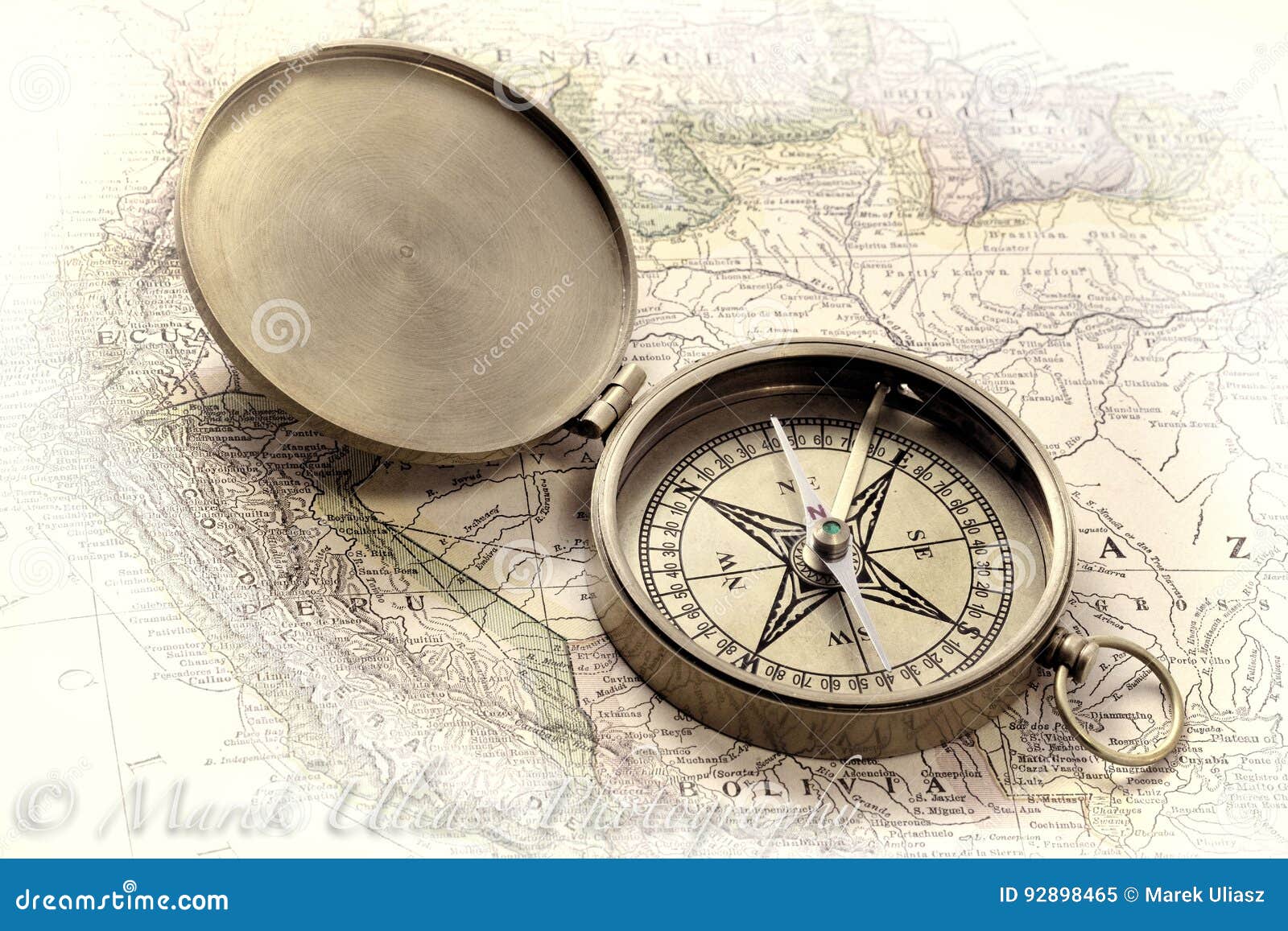 Vintage Brass Compass Over Old Map Stock Image - Image of peru, metal ...