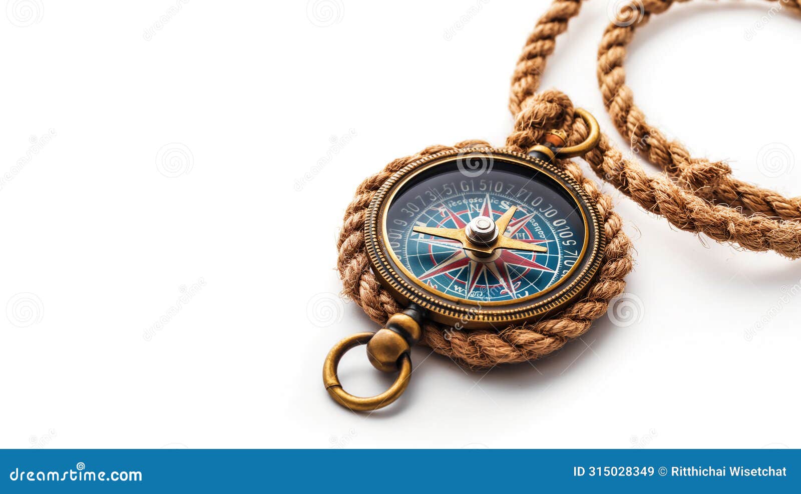Vintage Brass Compass with a Rope on a White Background Stock ...