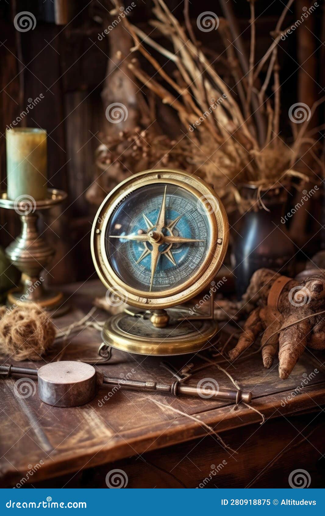 Vintage Brass Compass on a Rustic Wooden Table Stock Illustration ...