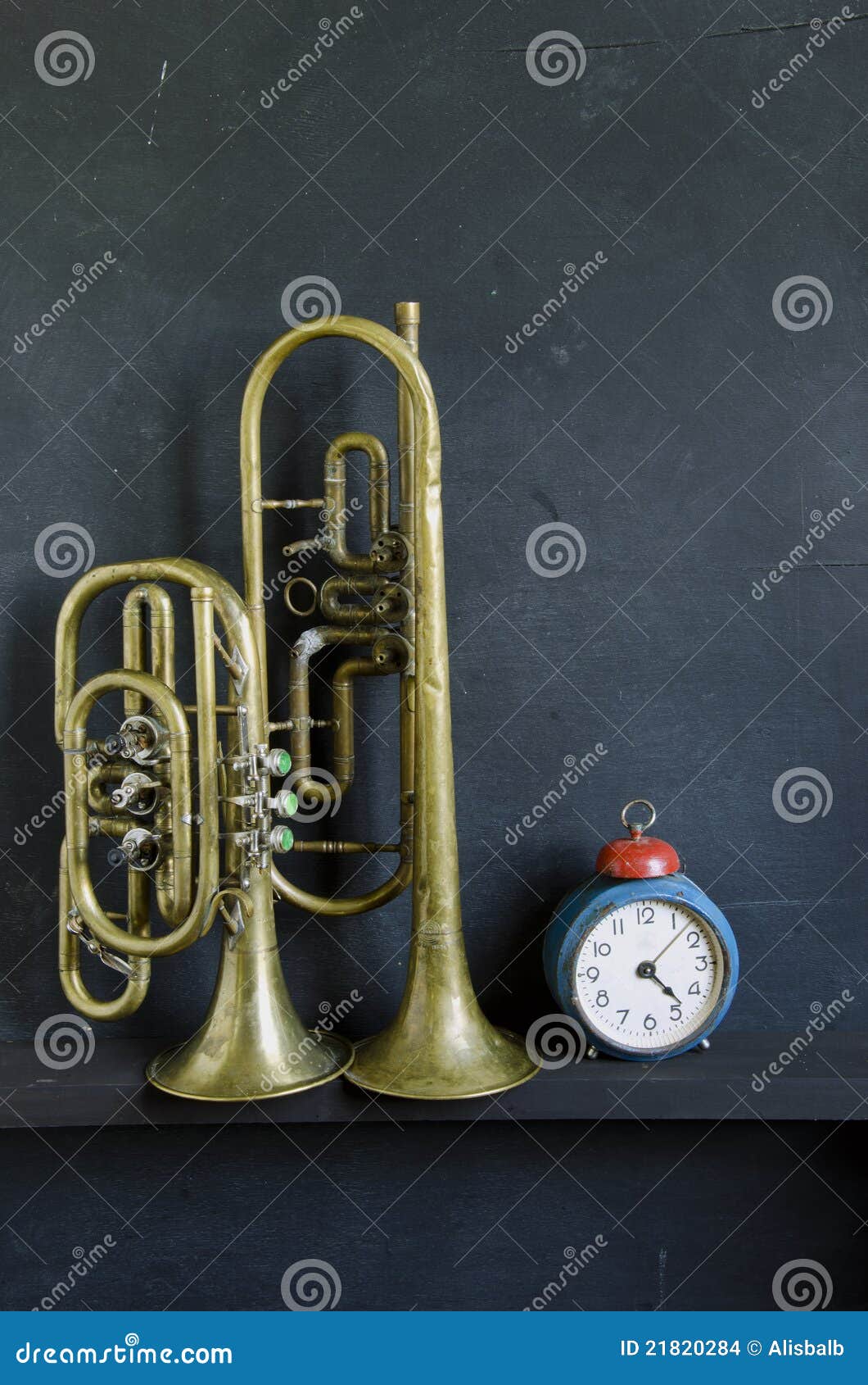 Vintage Brass Instruments and Retro Clock Stock Photo - Image of gold ...