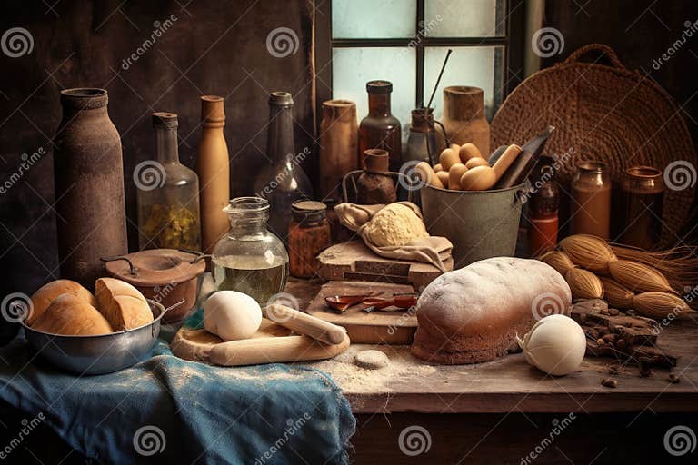Vintage Bread Making Tools and Ingredients on Table Stock Photo - Image ...