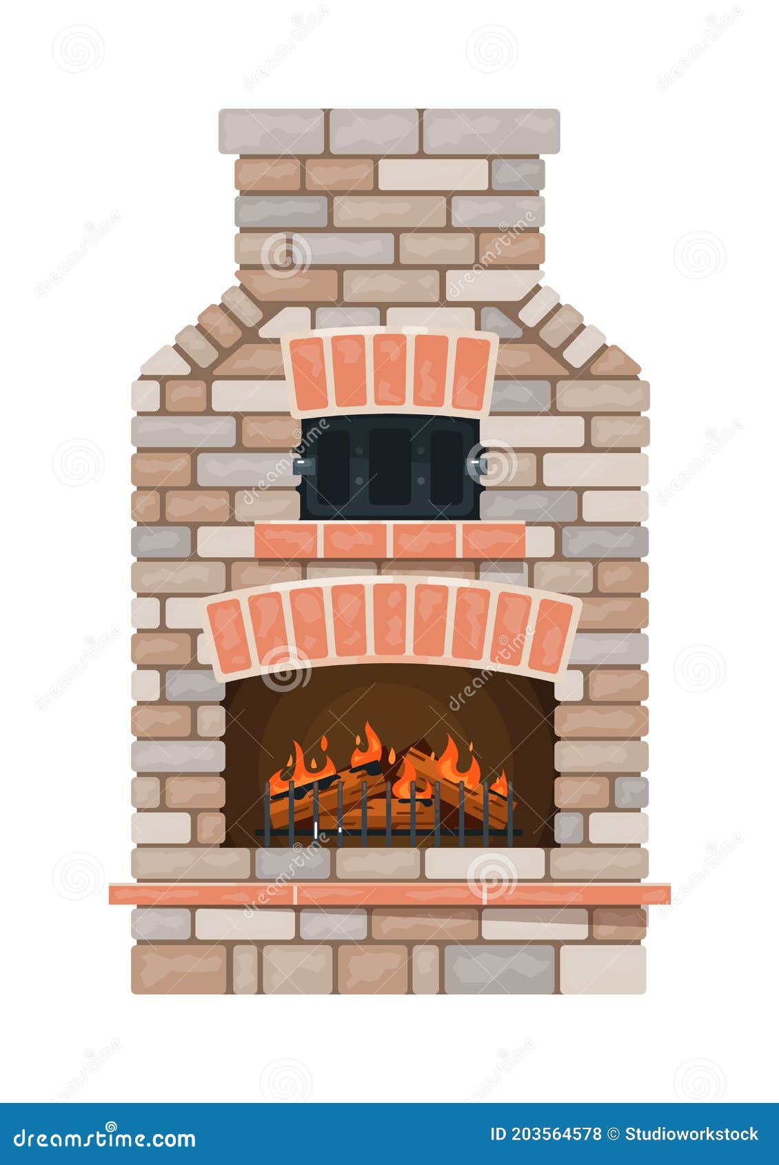 Vintage Brick Fireplace with Fire and Firewood Isolated Stock Vector ...