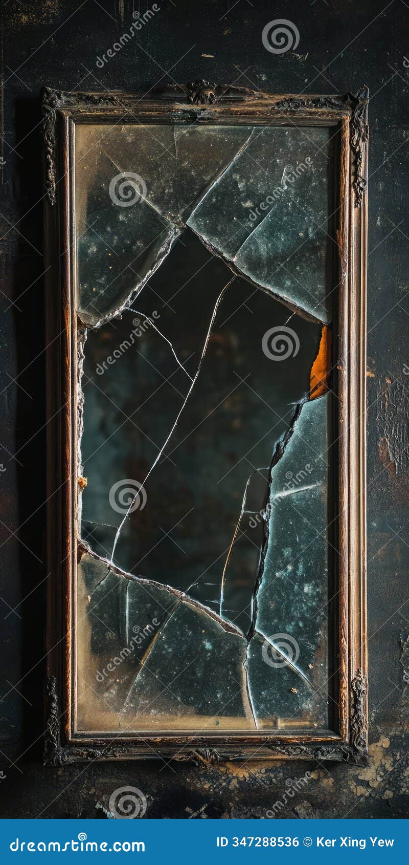 Vintage Broken Mirror with Ornate Frame Reflecting Distorted Images in ...