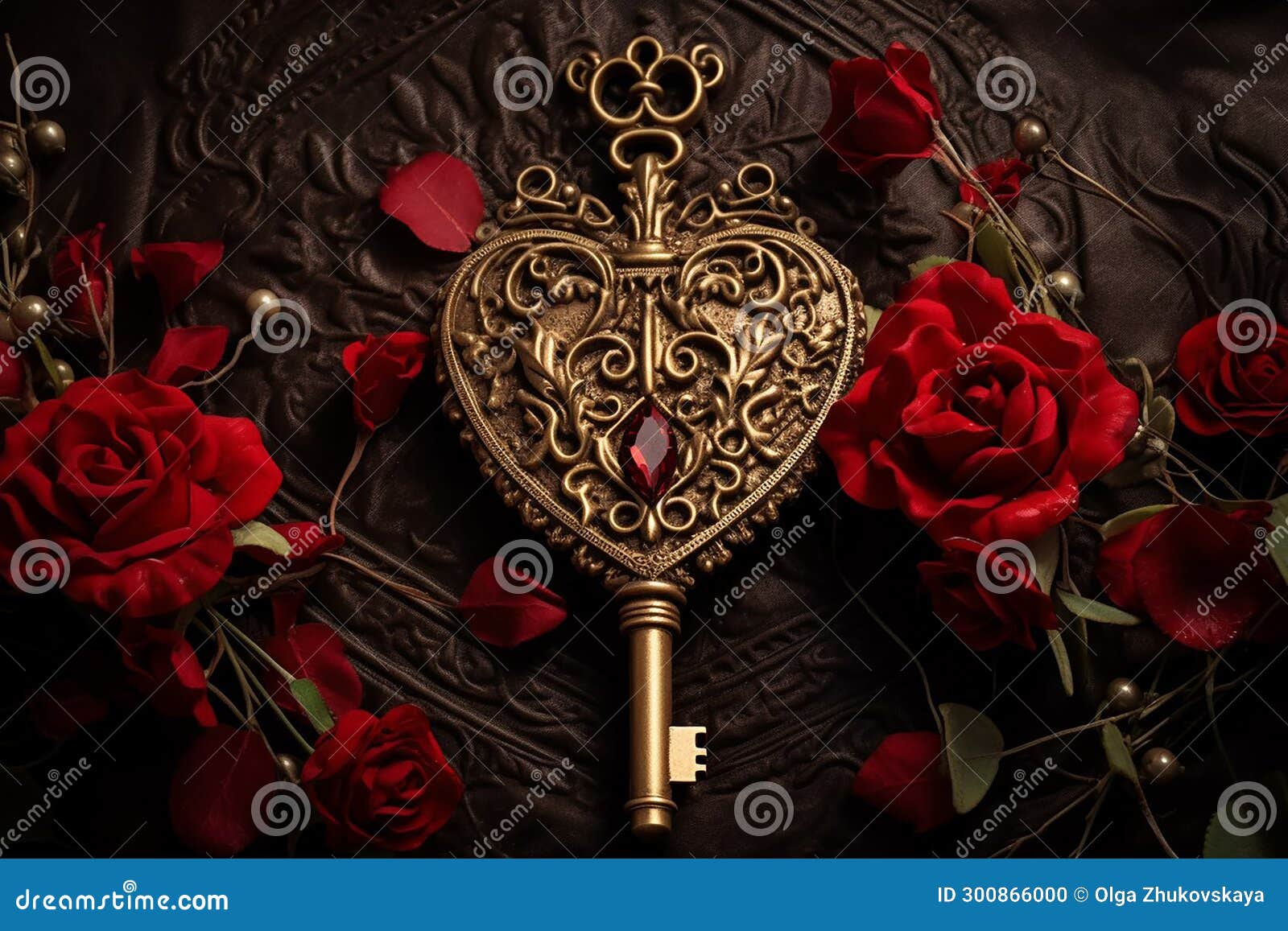 Vintage Bronze 3D Heart Key with Rose Buds Stock Illustration ...