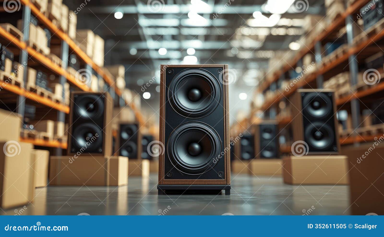 Vintage Brown Speakers in Warehouse Setting with Stacked Boxes and ...