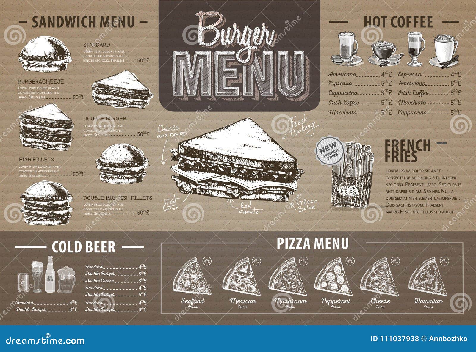 Vintage Burger Menu Design on Cardboard. Stock Vector - Illustration of ...