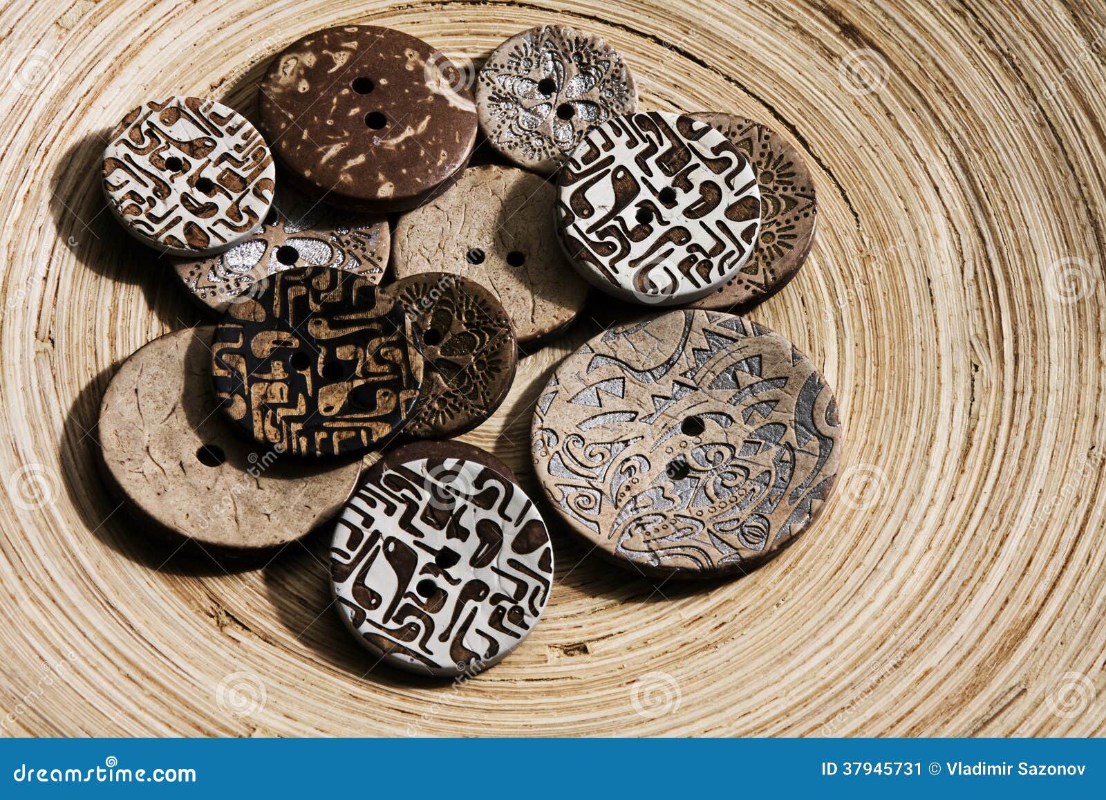 Vintage Buttons on the Wooden Plate Stock Image - Image of round ...