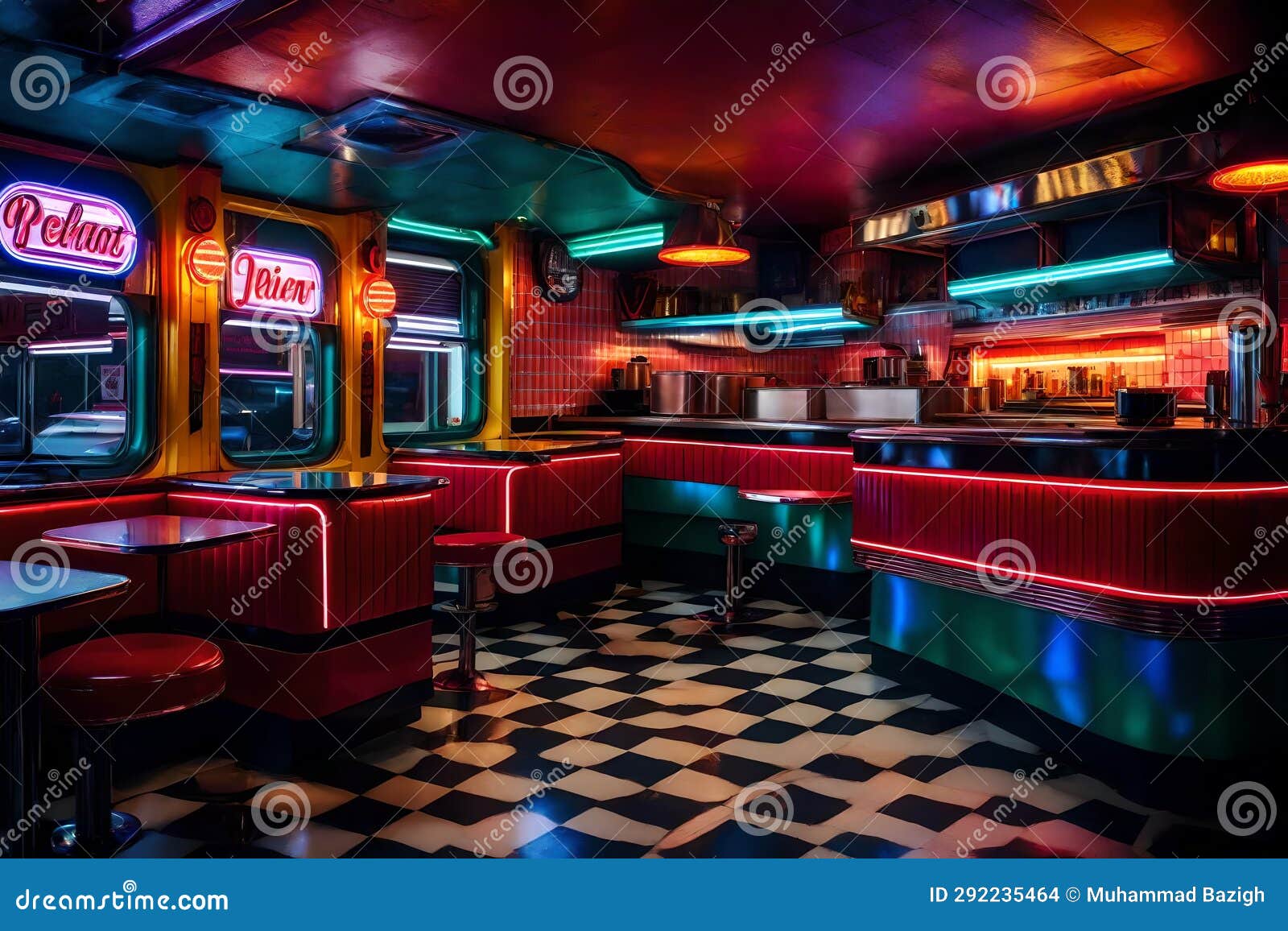 A Vintage Cafe Featuring a Neon Sign and a Checkerboard Floor. Stock ...