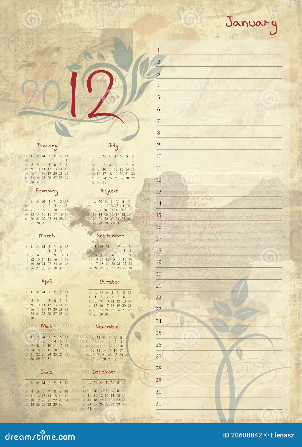 Vintage Calendar stock illustration. Illustration of floral - 20680842