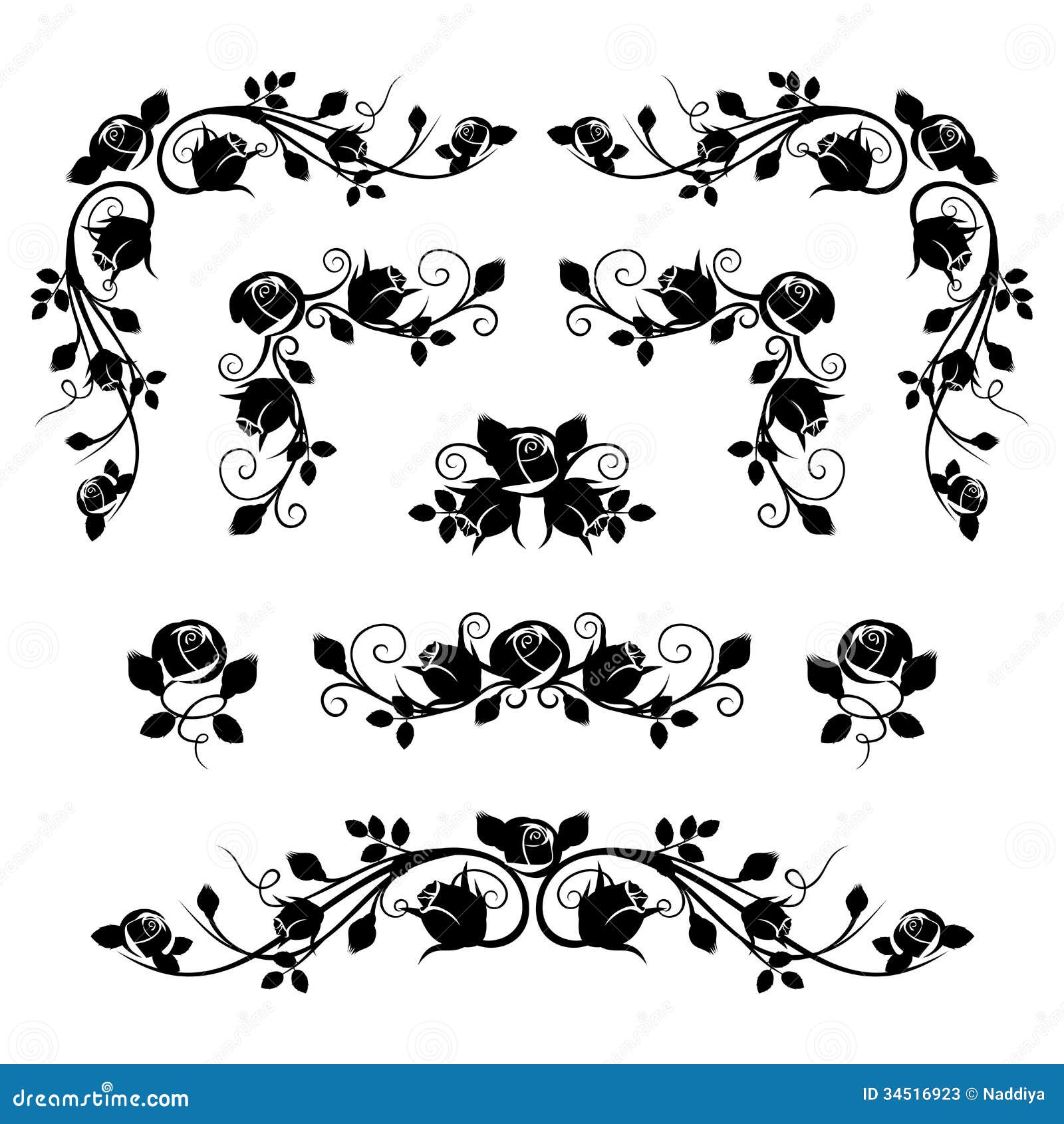 Vintage Calligraphic Vignettes with Rose Buds. Stock Vector ...