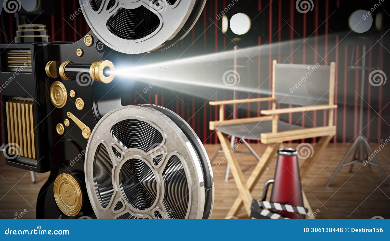 Vintage Camera Directors Chair Clapperboard and Horn in Studio 3d ...