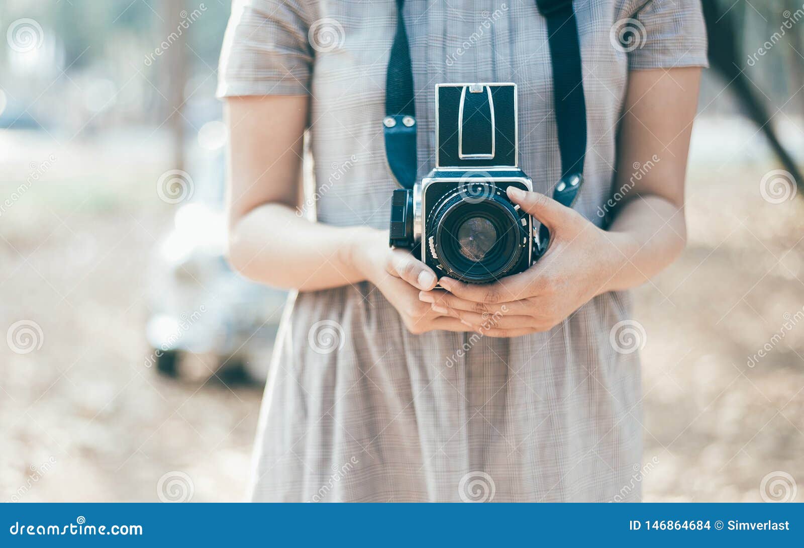 Vintage camera on hand stock photo. Image of human, adult - 146864684