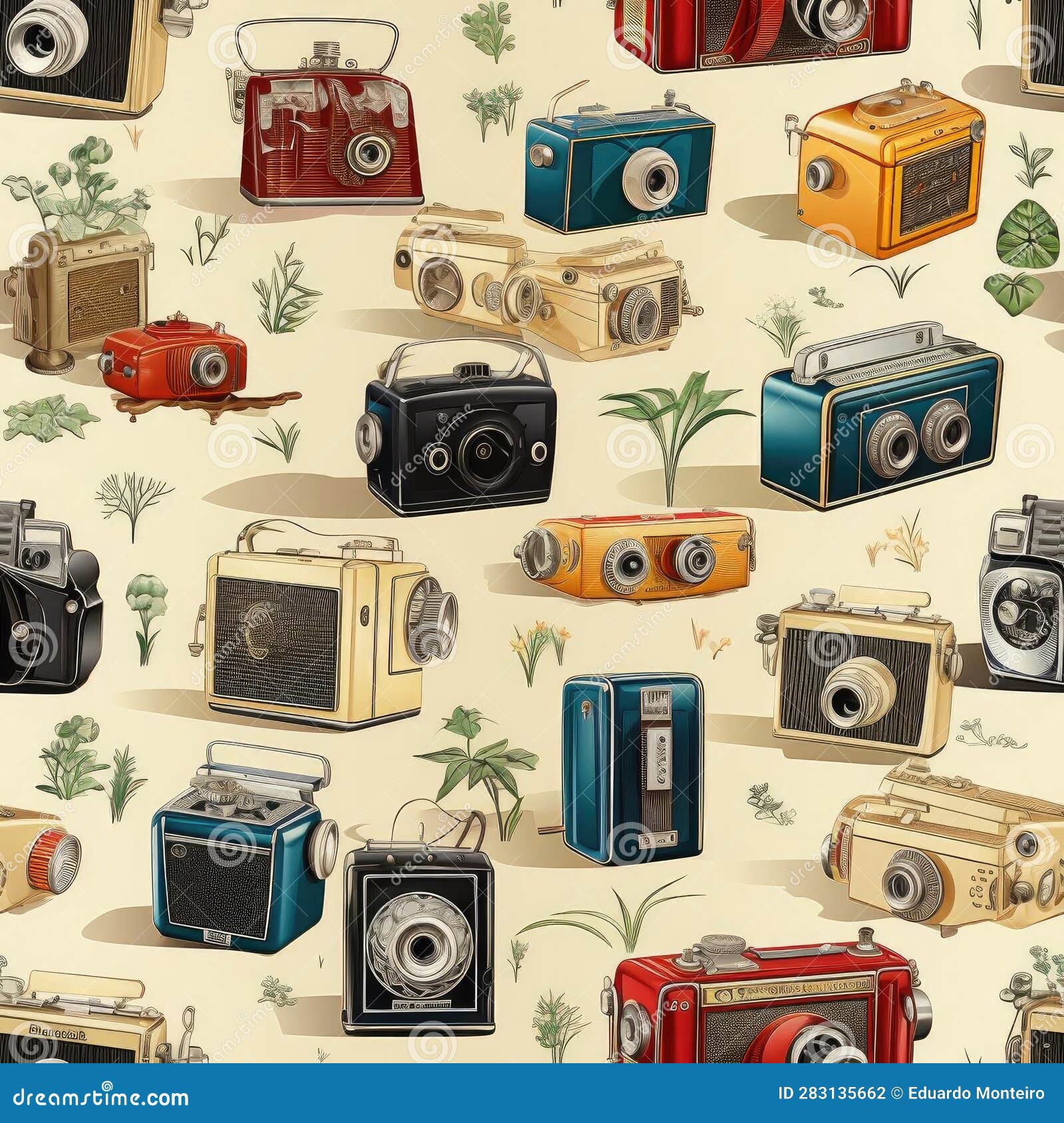 Vintage Camera Motifs Seamless Pattern with Photorealistic Renderings ...