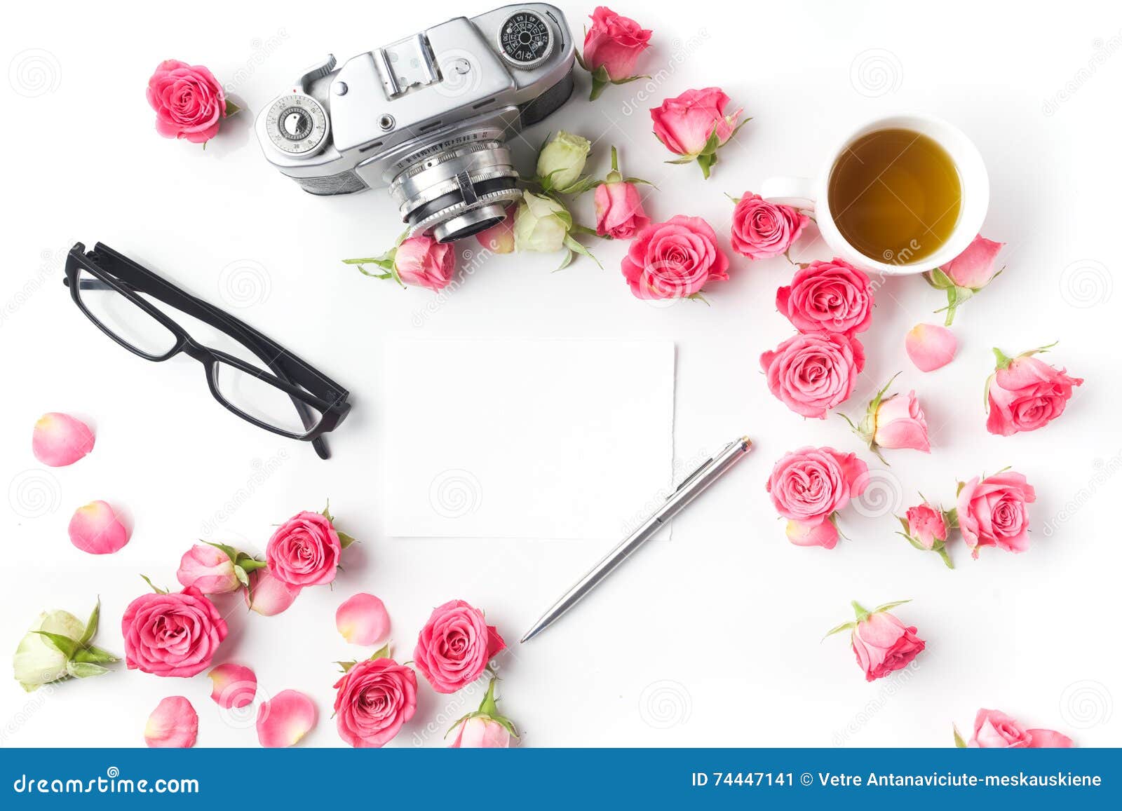 Vintage Camera Pink Roses and Note on White Background. Flat Lay. Top ...