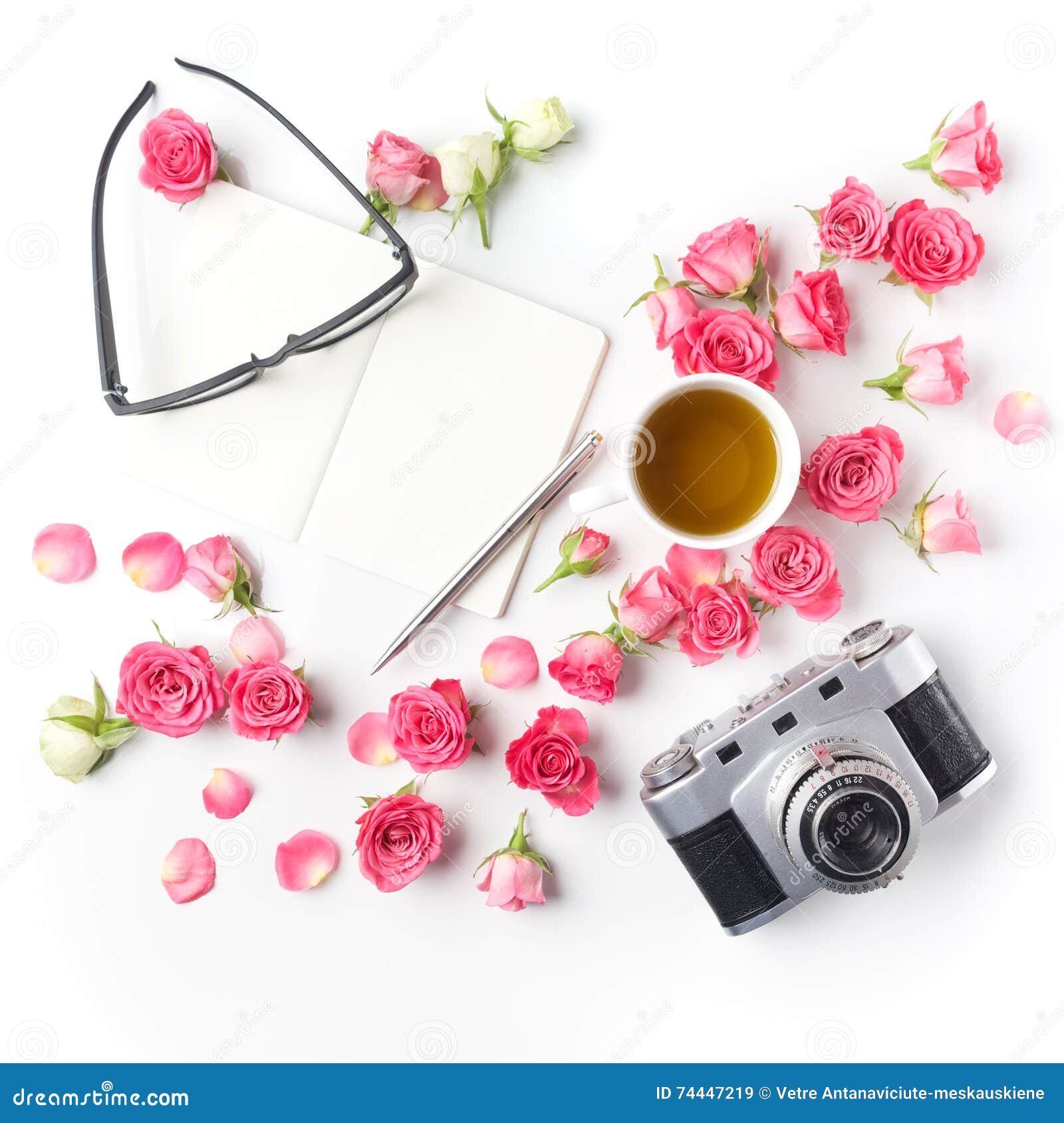 Vintage Camera Pink Roses and Note on White Background. Flat Lay. Top ...
