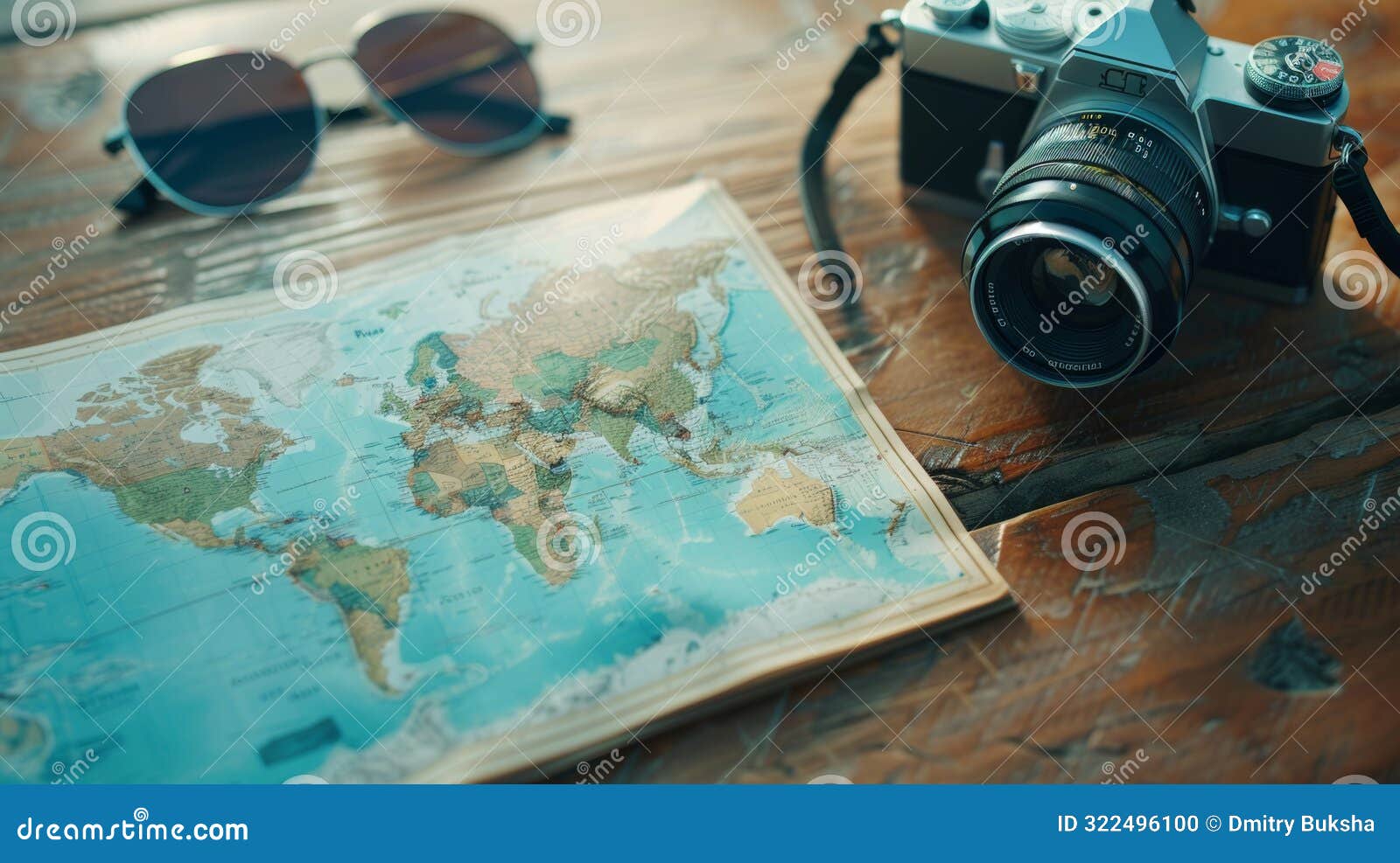 A Vintage Camera, Sunglasses, and a World Map Lie Ready for a New ...