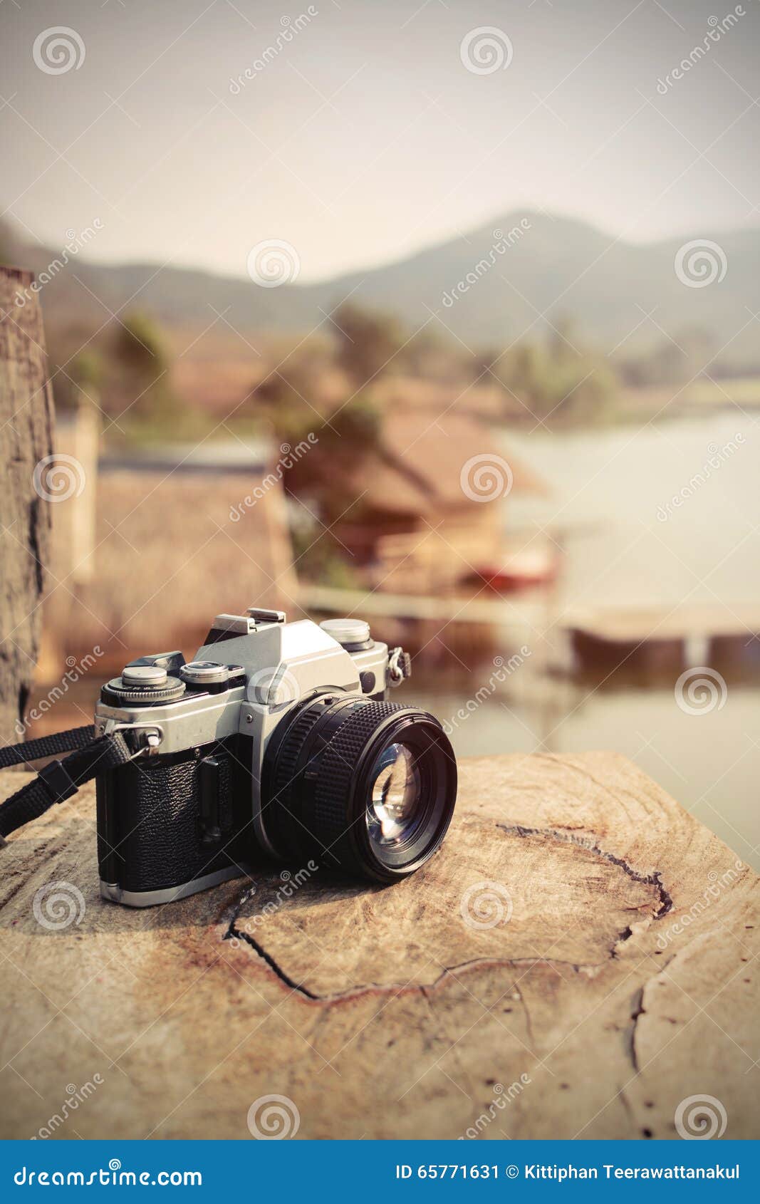 Vintage Camera with View of Lake and Mountain Stock Image - Image of ...