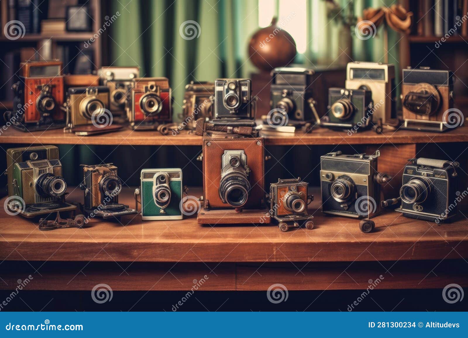 Vintage Cameras Lined Up on a Desk Stock Illustration - Illustration of ...