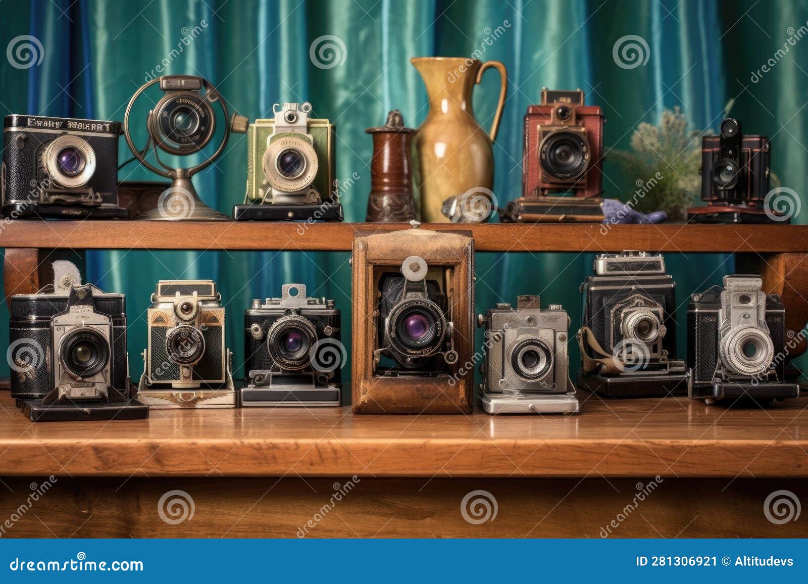 Vintage Cameras Lined Up on a Desk Stock Illustration - Illustration of ...
