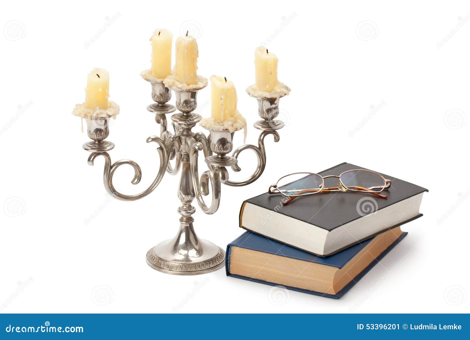 Vintage Candlestick Books and Glasses Stock Image - Image of ...